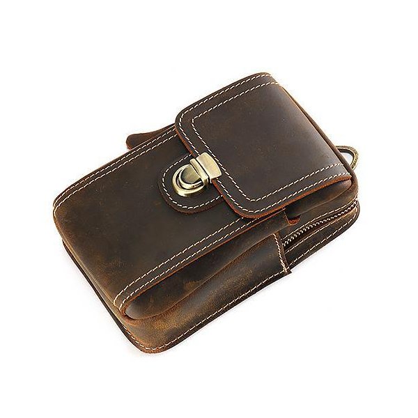 送料コミコミ☆ ベルトに通せる ウェストポーチ 本革 ダークブラウン/ライトブラウン 牛革 スマホ タバコ 【n227】