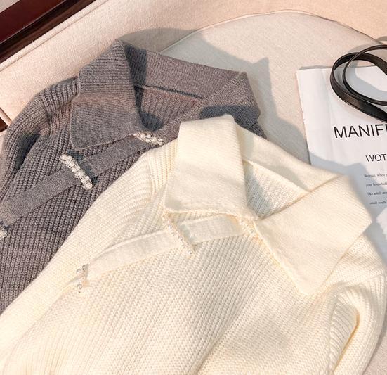 トップス 2色 セーター 萌え袖 袖あり 長袖 Vネック プルオーバー ビジュー装飾 ニット