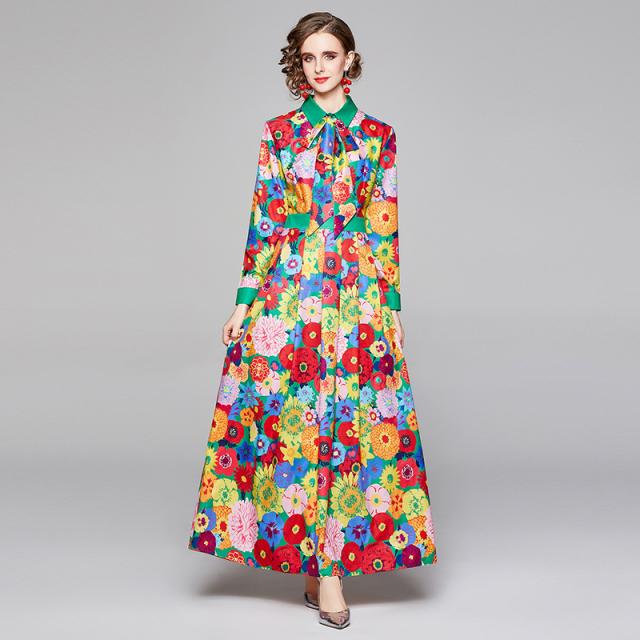 ワンピース プリーツスカート フレアワンピース ワンピドレス 膝下 ロング ロング丈 マキシ マキシ丈 9分丈 アンクル丈 袖あり 長袖 襟付き スタンドカラー フレア リボン ベルト ウエストマーク 前開き 大人可愛い きれいめ 大人 おしゃれ お洒落 レトロ アジアン 大人女子