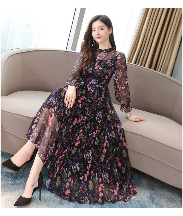 花柄 シフォン ワンピース フレアワンピース 膝下 ミモレ ミモレ丈 7分丈 ミディアム丈 袖あり ボリューム袖 ハイネック プチハイネック フレア チュール シフォン ウエストマーク 透け感 シースルー かわいい 大人可愛い きれいめ カジュアル 大人 上品 おしゃれ アジアン