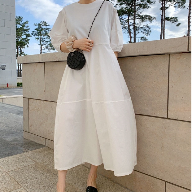 ボリューム パフスリーブ フレア ワンピース フレアワンピース ロング ロング丈 マキシ マキシ丈 9分丈 アンクル丈 袖あり 5分袖 ボリューム袖 パフスリーブ Uネック フレア ワイド 切り替えデザイン ふわふわ かわいい 大人可愛い きれいめ シンプル カジュアル 大人 上品