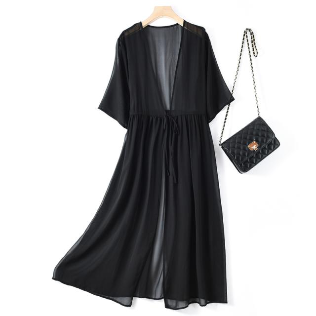 トップス カーディガン ガウン 袖あり 半袖 5分袖 フレアスリーブ 襟なし フレア セミフレア シフォン ウエストリボン 前開き 透け感 シースルー かわいい 大人可愛い きれいめ シンプル カジュアル 大人 上品 おしゃれ エキゾチック 大人女子 こなれ感 ラフ ルーズ クール