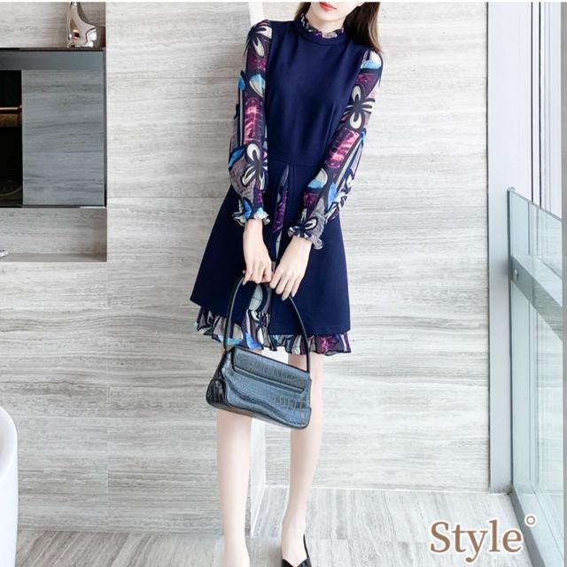 上品 きれいめ 異素材 切り替え ワンピース パーティードレス パーティドレス 結婚式ドレス 結婚式のドレス ミニ ミニ丈 袖あり ボリューム袖 スタンドカラー Aライン 切り替えデザイン ドッキング フレア シフォン フリル ウエストマーク 透け感 シースルー 異素材MIX