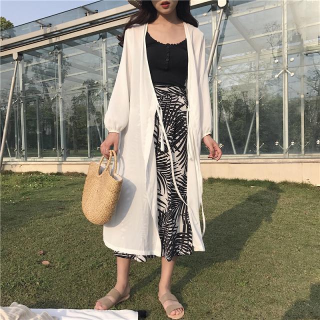 トップス ブラウス カーディガン ミモレ ミモレ丈 ロング 袖あり 長袖 襟なし フレア セミフレア シフォン ウエストリボン 前開き かわいい 大人可愛い きれいめ シンプル カジュアル 大人 上品 おしゃれ 大人女子 こなれ感 ラフ ルーズ エレガント とろみ感 抜け感 無地 春