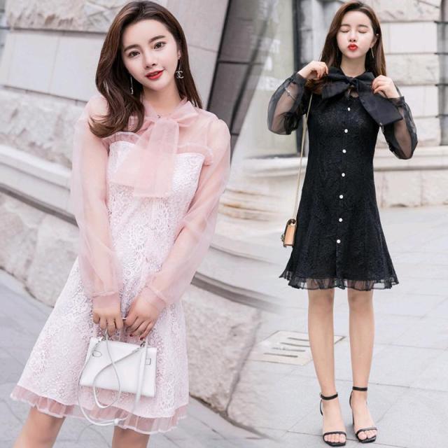 ワンピース フレアワンピース 膝丈 ひざ丈 袖あり 長袖 ボリューム袖 フレア セミフレア Aライン レース 刺繍 チュール シフォン フリル リボン 透け感 シースルー かわいい 大人可愛い きれいめ 大人 上品 おしゃれ 大人女子 こなれ感 ラブリー キュート ガーリー 個性的