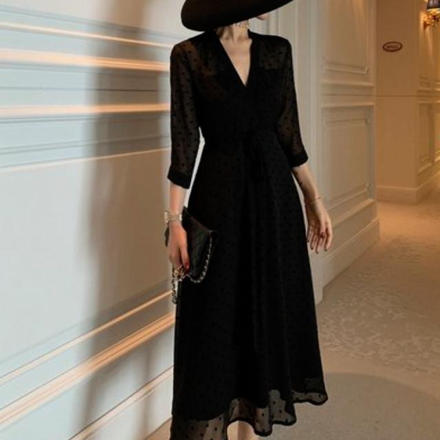 袖シースルーワンピース フォーマル 膝下 袖あり 七分袖 襟なし かわいい 大人可愛い きれいめ シンプル カジュアル 大人 上品 おしゃれ お洒落 かっこいい こなれ感 ラフ ラブリー キュート 個性的 主役級 存在感 とろみ感 抜け感 無地 秋 冬 誕生日 母の日 クリスマス