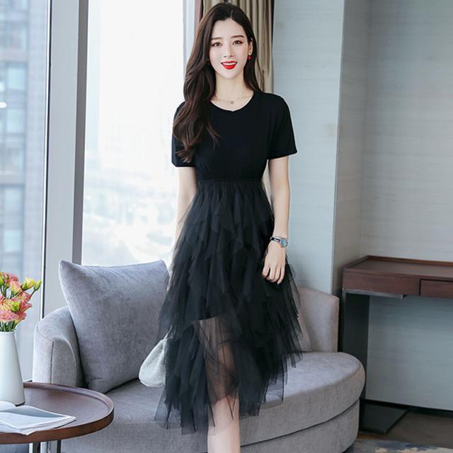 チュール チュチュ ドレス ワンピース 膝丈ドレス キャバドレス キャバ ワンピ キャバ嬢ドレス キャバ 衣装 ダンス衣装 ダンスドレス 膝丈 ひざ丈 袖あり 半袖 Uネック 襟なし 切り替えデザイン ドッキング チュール シフォン ウエストマーク ドッキング 透け感 シースルー