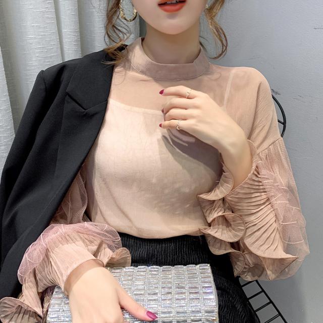 袖フレアシースルートップス シャツ ブラウス プルオーバー トップス 袖あり 長袖 ハイネック チュール シフォン かわいい 大人可愛い きれいめ シンプル カジュアル 大人 上品 おしゃれ お洒落 大人可愛い 大人女子 こなれ感 ラフ ラブリー キュート 個性的 主役級 存在感