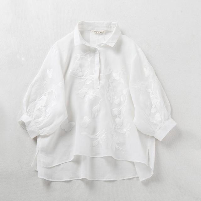 トップス ブラウス 袖あり 半袖 襟付き 刺繍 かわいい 大人可愛い きれいめ シンプル カジュアル 大人 上品 おしゃれ お洒落 レトロ 大人可愛い 大人女子 こなれ感 ラブリー キュート ガーリー エレガント フォーマル 無地 夏 誕生日 10代 20代 30代 レディース 女性用 ママ