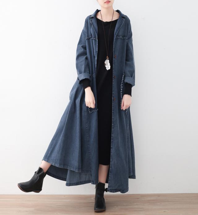 ゆったり デニム コート アウター ロングコート ロング ロング丈 マキシ マキシ丈 アンクル丈 袖あり 長袖 ドロップショルダー 萌袖 Vネック 襟付き ワイド Aライン ポケット 前開き デニム ブルーデニム カラーデニム かわいい 大人可愛い きれいめ シンプル カジュアル 大人