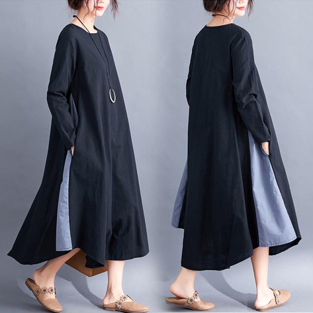 個性的 バイカラー ワンピース ロングスカート シャツワンピース フレアワンピース ロング ロング丈 袖あり 長袖 Uネック ラウンドネック フレア Aライン ポケット かわいい 大人可愛い きれいめ シンプル カジュアル 大人 上品 おしゃれ 大人女子 こなれ感 ラフ 個性的