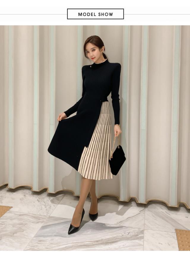 バイカラーワンピース 膝下 袖あり 襟なし セミフレア ニット かわいい