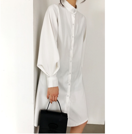 バンドカラー シャツワンピ パフスリーブ ワンピース 膝丈 ひざ丈 長袖