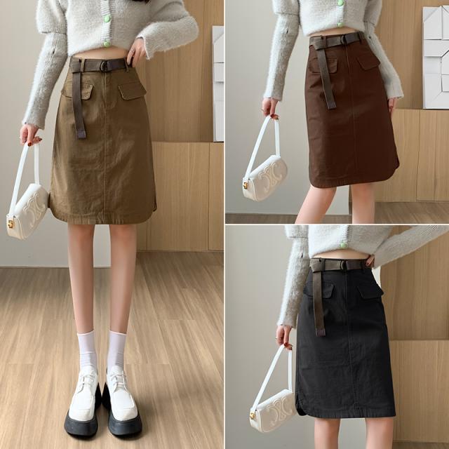 ベルト付き 膝丈 スカート 台形スカート ベイカースカート ひざ丈 Aライン ベルト ウエストマーク サイドスリット ファスナー ポケット かわいい シンプル カジュアル おしゃれ かっこいい こなれ感 ラフ マニッシュ ボーイッシュ スポーティー ラブリー キュート ガーリー
