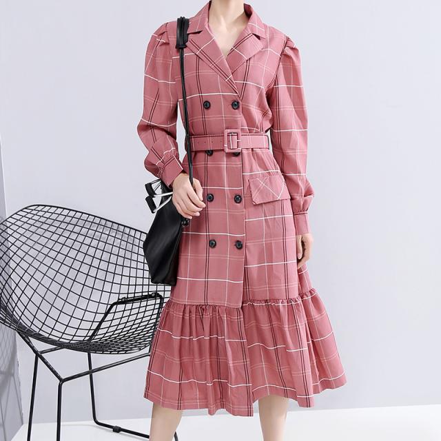 裾切り替え ロング ワンピース トレンチコート シャツワンピース ロング丈 長袖 Vネック 襟付き 切り替えデザイン フリル ベルト ポケット 前開き かわいい 大人可愛い きれいめ カジュアル おしゃれ 大人女子 こなれ感 ラブリー キュート ガーリー チェック柄 春 秋