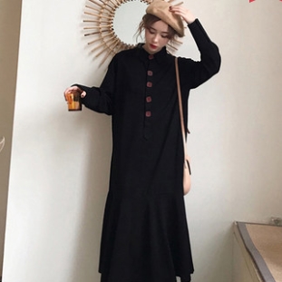 マーメイド ロング ワンピース シャツワンピース ワンピドレス ロング丈 袖あり 長袖 ボリューム袖 フレアスリーブ 萌袖 襟付き フレア かわいい 大人可愛い きれいめ シンプル カジュアル 上品 おしゃれ こなれ感 ラフ マニッシュ ラブリー キュート ルーズ 個性的 クール