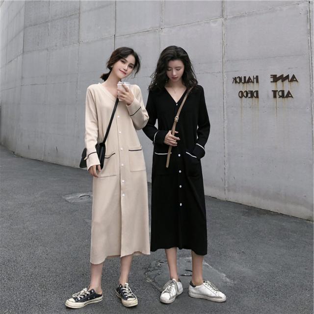 ワンピース ニットスカート ロング ロング丈 マキシ マキシ丈 袖あり 長袖 Vネック 襟なし スリム タイト 細身 ストレート Iライン 前開き 2way かわいい 大人可愛い きれいめ シンプル カジュアル 大人 上品 おしゃれ 大人女子 こなれ感 ラフ ラブリー キュート ガーリー