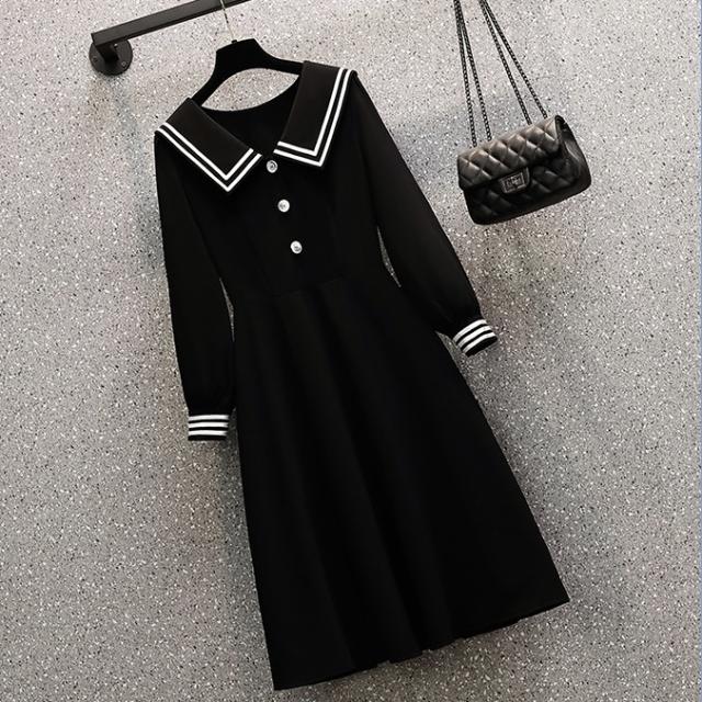 学生風 セーラーワンピース セーラー ワンピース フレアワンピース 膝丈 ひざ丈 袖あり 長袖 襟付き フレア セミフレア Aライン かわいい 大人可愛い きれいめ シンプル 上品 おしゃれ レトロ 大人女子 こなれ感 ラブリー キュート ガーリー 個性的 モード系 エレガント