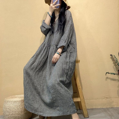 ワンピース フレアワンピース ロング ロング丈 マキシ マキシ丈 袖あり 長袖 Vネック 襟なし フレア ワイド Aライン かわいい 大人可愛い きれいめ シンプル カジュアル 大人 上品 おしゃれ 大人女子 こなれ感 ラフ ラブリー キュート ガーリー ルーズ チェック柄 格子柄 春