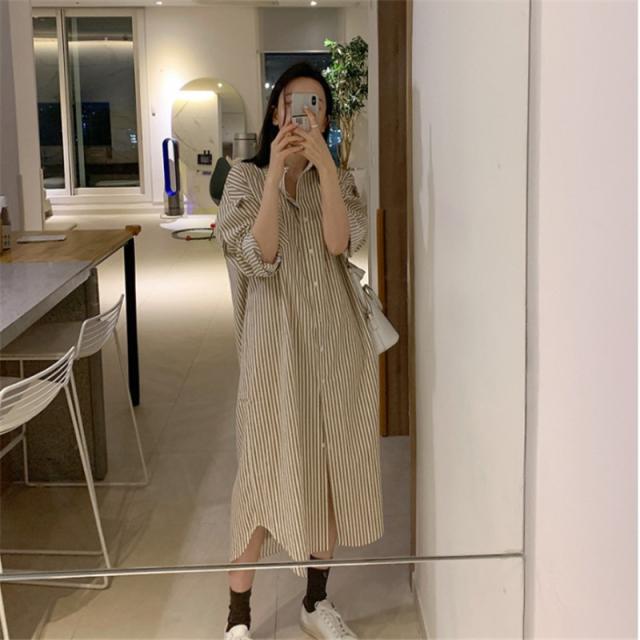 ワンピース シャツ シャツワンピース フレアワンピース ロング ロング丈 袖あり 長袖 襟付き セミフレア スリム Aライン 前開き かわいい 大人可愛い きれいめ シンプル カジュアル 大人 上品 おしゃれ 大人女子 こなれ感 ラフ クール とろみ感 抜け感 ストライプ 春 秋 10代