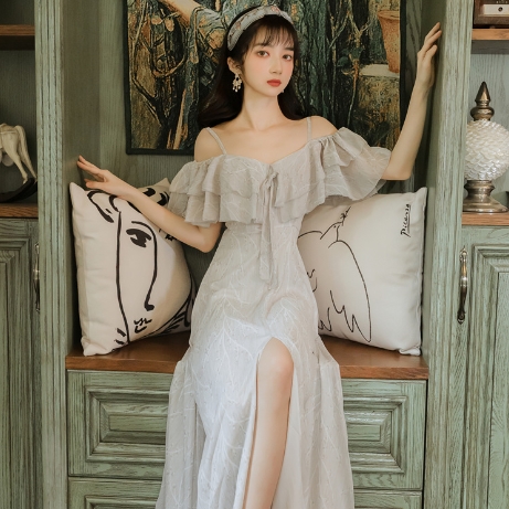 ワンピース ワンピドレス ロング ロング丈 袖あり 半袖 オフショルダー オフショル 襟なし 細身 Aライン シフォン リボン スリット 透け感 ポリエステル 薄手 かわいい 大人可愛い きれいめ 大人 上品 アジアン エスニック 大人女子 ラフ ラブリー キュート セクシー 無地 夏