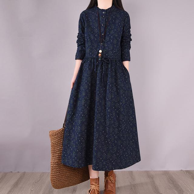 ワンピース レディース 小花柄ワンピース ウエストリボン Aライン スタンドカラー フリルカラー スカート ロング 長袖 大人可愛い カジュアル レトロ オータム感 秋冬 ミセス 30代 40代 50代 デイリー 普段着 ネイビー ブラウン 大きいサイズ M L XL 2XL