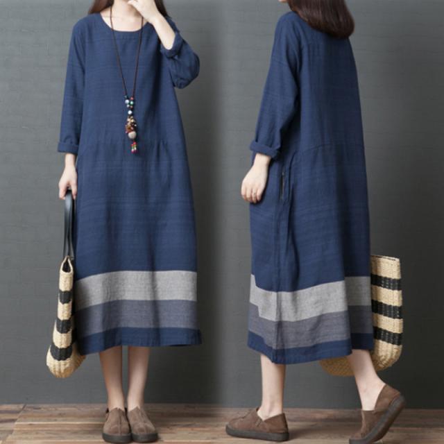 ワンピース フレアワンピース ミディアム丈 袖あり 長袖 ラウンドネック かわいい 大人可愛い きれいめ シンプル カジュアル ナチュラル 上品 おしゃれ レトロ こなれ感 ラフ 楽ちん ママワンピ とろみ感 抜け感 無地 春 夏 10代 20代 30代 40代 デート お出かけ 女子会 休日