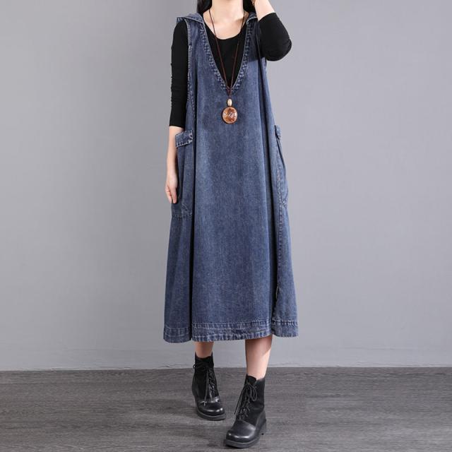 サロペットワンピース デニムワンピース デニムサロペット デニムジャンパースカート ワンピース デニムスカート ジャンパースカート デニムワンピース 膝下 ミモレ ミモレ丈 ロング ロング丈 袖なし ノースリーブ Vネック フーディー フード付き ワイドAラインデニム