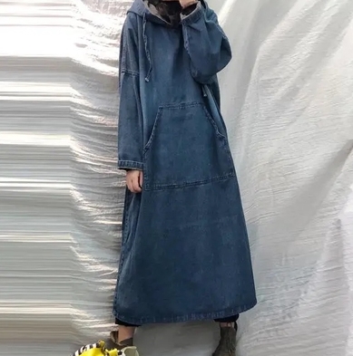 ワンピース デニムワンピース ワンピドレス ロング ロング丈 マキシ マキシ丈 9分丈 アンクル丈 7分丈 ミディアム丈 袖あり 長袖 Uネック ラウンドネック Aライン フード付き ポケット デニム ブルーデニム かわいい 大人可愛い きれいめ シンプル カジュアル 大人 上品