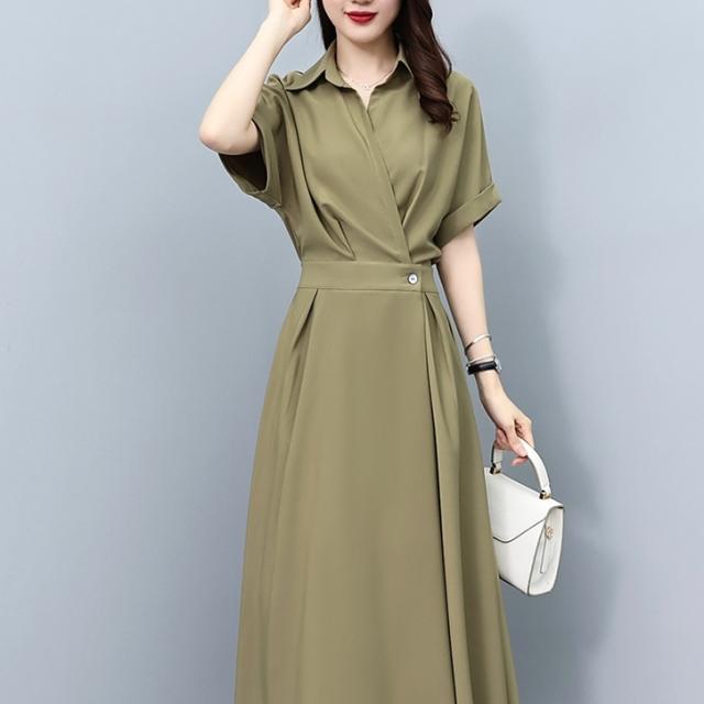 ワンピース シャツワンピース ワンピドレス 膝下 ロング ロング丈 袖あり 半袖 襟付き Aライン 前開き ウエストゴム 綿 かわいい 大人可愛い きれいめ シンプル カジュアル 大人 上品 おしゃれ 大人女子 とろみ感 無地 夏 20代 30代 40代 レディース 女性用 通勤 デート