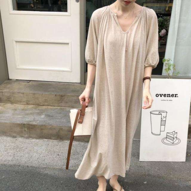 ワンピース ワンピドレス ロング ロング丈 袖あり 半袖 Vネック 襟なし セミフレア Aライン ハイウエスト 薄手 かわいい 大人可愛い シンプル 大人 おしゃれ お洒落 レトロ アジアン エスニック エキゾチック ラフ ラブリー キュート 柄 ストライプ 夏 秋 10代 20代 ワンピース ワンピドレス 膝下 ロング ロング丈 袖あり 半袖 Vネック