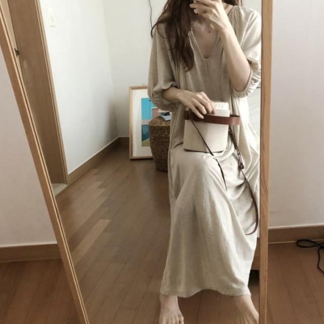 ワンピース ワンピドレス 膝下 ロング ロング丈 袖あり 半袖 Vネック