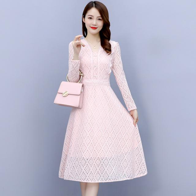 レースドレス ワンピース スカート ハイエンド ボトリングミッドレングス デート レース フレアスカート ワンピドレス ミモレ丈 袖あり 長袖 Vネック かわいい 大人可愛い きれいめ 大人 上品 おしゃれ お洒落 大人女子 ラブリー キュート セクシー フォーマル 無地 春 謝恩会