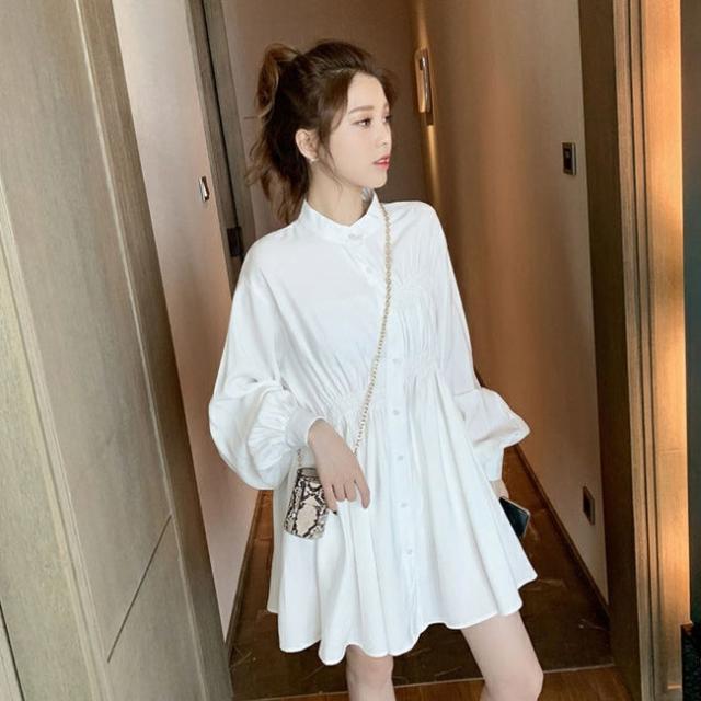 シャツドレス ランタンスリーブトップ レースドレス ワンピース デート シャツワンピース ワンピドレス 膝上 袖あり 長袖 襟なし 前開き かわいい きれいめ カジュアル 上品 おしゃれ お洒落 大人可愛い 大人女子 こなれ感 ラブリー キュート ガーリー 個性的 モード系