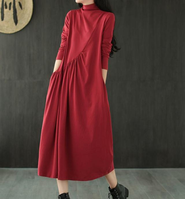 ハイネックワンピース ワンピース プルオーバー フレアスカート 膝下 ミディアム丈 長袖 ハイネック タートルネック Aライン ギャザー ポケット かわいい 大人可愛い シンプル カジュアル ラフ 無地 秋 冬 クリスマス バレンタイン 10代 20代 30代 40代 50代 60代 ママ