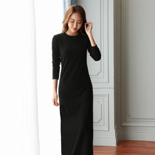 ワンピース ロングスカート ワンピドレス 膝下 ロング ロング丈 袖あり 長袖 ラウンドネック 襟なし スリム 細身 ストレート Iライン 綿 かわいい 大人可愛い きれいめ シンプル カジュアル 大人 上品 大人女子 こなれ感 ラフ 無地 秋 冬 10代 20代 30代 レディース 女性用