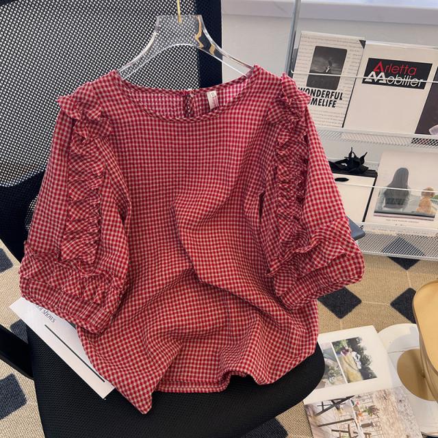 ギンガムチェック フレア袖 体系カバー ブラウス トップス プルオーバー 袖あり Uネック ラウンドネック クルーネック 襟なし かわいい 大人可愛い きれいめ カジュアル 大人 上品 おしゃれ 大人女子 こなれ感 ラブリー キュート ガーリー 個性的 主役級 存在感 抜け感
