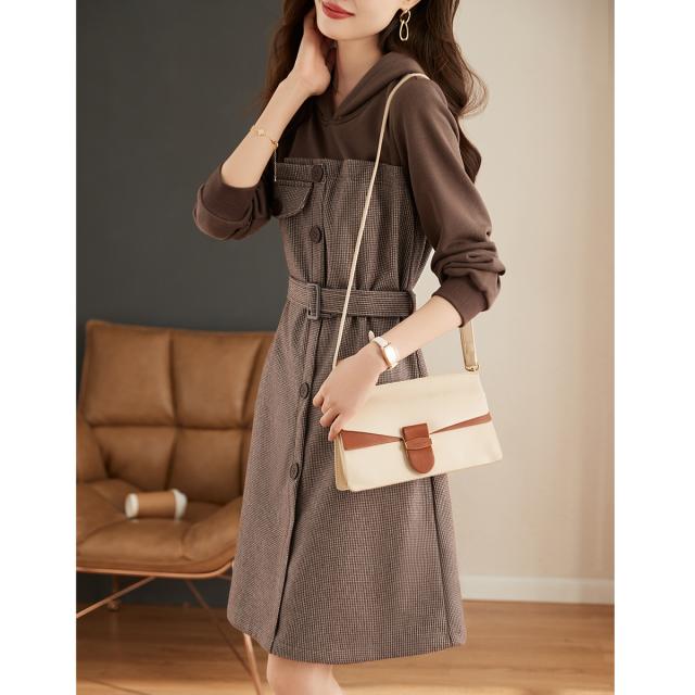 重ね着風 ドッキングワンピース ベアワンピース レトロ パーカー フレアスカート 膝丈 ひざ丈 袖あり 長袖 フーディー フレア スリム ベルト ウエストマーク ベアトップ フード付き ツーピース かわいい 大人可愛い カジュアル おしゃれ お洒落 キュート ガーリー 格子柄