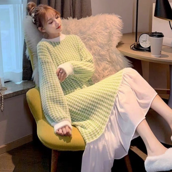 ワンピース ワンピドレス ロング ロング丈 袖あり 長袖 ラウンドネック 襟なし 切り替えデザイン ポリエステル かわいい 大人可愛い シンプル カジュアル 大人 おしゃれ アジアン 大人女子 こなれ感 ラフ 格子柄 千鳥格子 秋 冬 10代 20代 30代 レディース 女性用 ママ