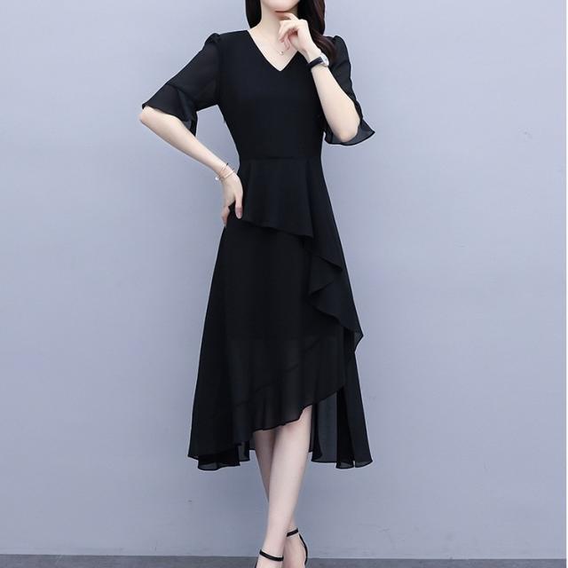 アシンメトリー ティアード 半袖 フォーマル ドレス パーティードレス パーティドレス 結婚式ドレス 結婚式のドレス ミモレ ミモレ丈 袖あり 5分袖 五分袖 フレアスリーブ Vネック Aライン フレア シフォン 透け感 大人可愛い きれいめ シンプル 大人 上品 おしゃれ 大人女子