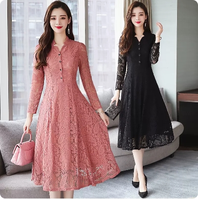 総レース フレア ミモレ丈 ドレス パーティードレス パーティドレス 結婚式ドレス 結婚式のドレス ミモレ 長袖 パフスリーブ Vネック 襟付き スタンドカラー フレア レース 透け感 かわいい 大人可愛い きれいめ シンプル 大人 上品 おしゃれ 大人女子 こなれ感 ラブリー