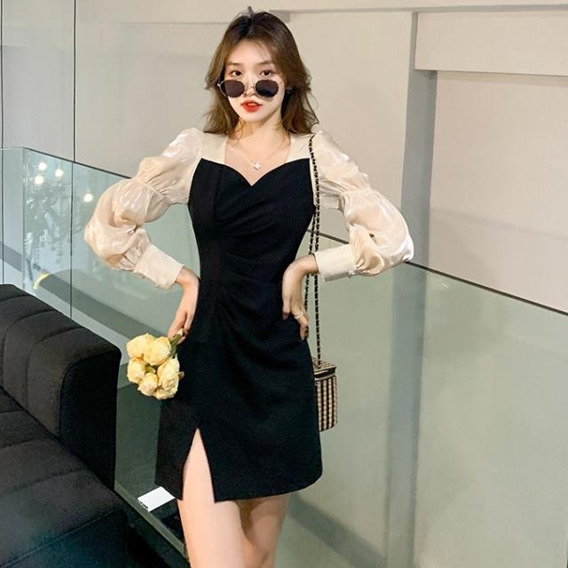 異素材 ドッキング 切り替え ボリューム袖 ワンピース キャバドレス キャバ ワンピ キャバ嬢ドレス キャバ 衣装 ミニ ミニ丈 ロング ロング丈 袖あり Vネック タイト シフォン スリット 透け感 シースルー 胸元 谷間 谷間魅せ 異素材MIX かわいい 大人可愛い おしゃれ