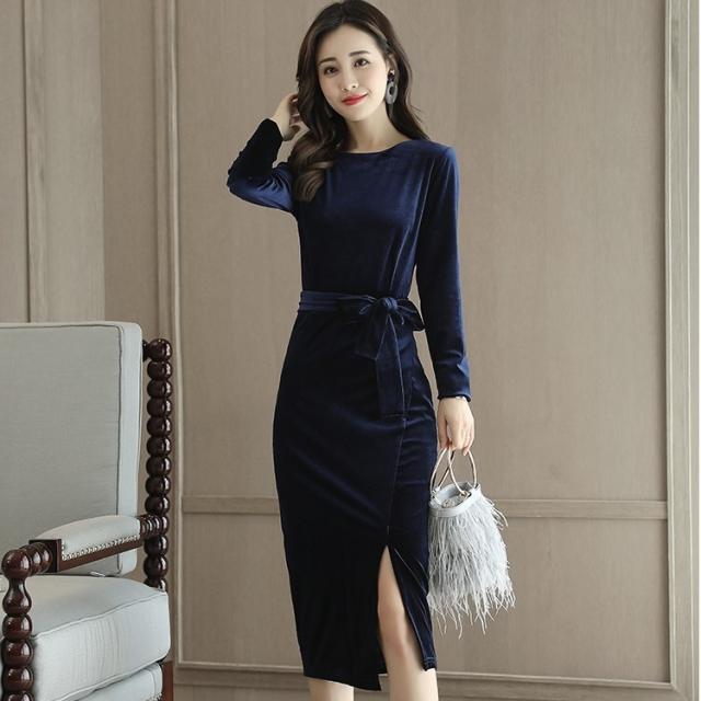 ドレス ワンピース パーティードレス パーティドレス 膝丈ドレス フォーマルドレス タイトドレス 膝丈 ひざ丈 袖あり 長袖 Uネック ラウンドネック 襟なし タイト スリム リボン ウエストマーク ウエストリボン かわいい 大人可愛い きれいめ シンプル 大人 上品 おしゃれ