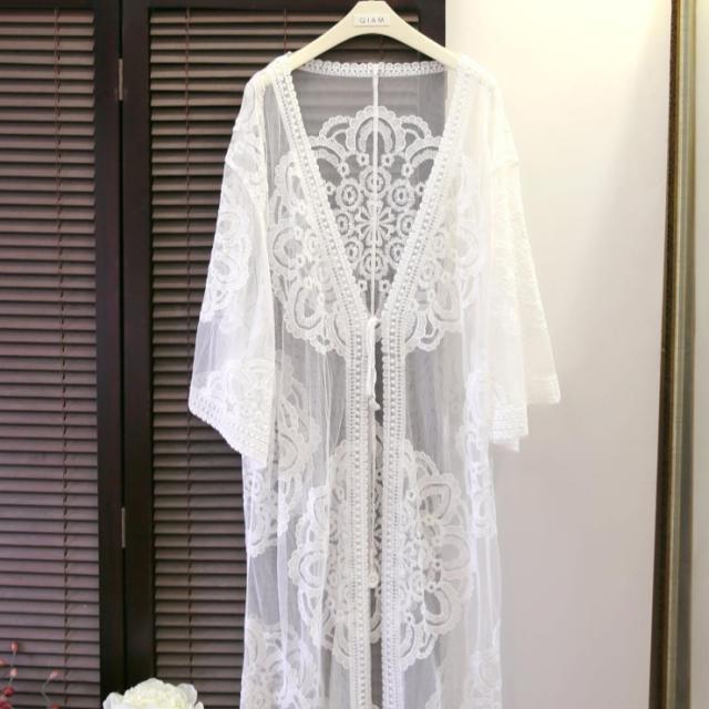 トップス アウター カーディガン ロング ロング丈 袖あり 5分袖 萌袖 Vネック 襟なし レース 刺繍 リボン ウエストリボン 綿 薄手 かわいい 大人可愛い きれいめ シンプル カジュアル 大人 おしゃれ お洒落 アジアン エスニック エキゾチック 大人女子 こなれ感 ラフ 柄 花柄