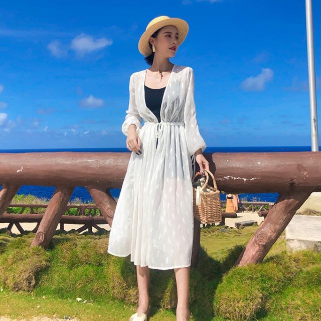 トップス アウター カーディガン ロング ロング丈 袖あり 長袖 襟なし ストレート レース ウエストリボン スリット サイドスリット 綿 かわいい 大人可愛い シンプル カジュアル 大人 おしゃれ アジアン エスニック 大人女子 ラフ 無地 春 夏 秋 10代 20代 30代 レディース