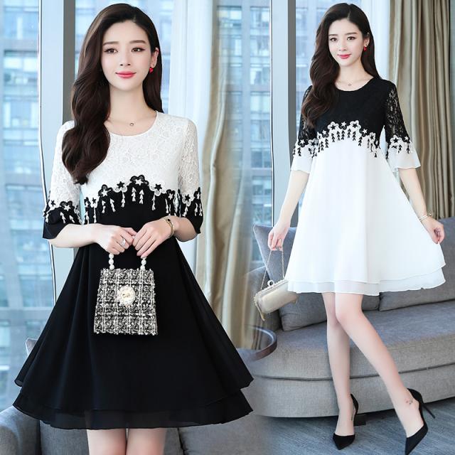 切り替え Aライン ドレス ワンピース パーティードレス パーティドレス 結婚式ドレス 結婚式のドレス ミニ ミニ丈 膝上 袖あり 5分袖 Uネック ラウンドネック 襟なし 切り替えデザイン ドッキング レース シフォン ハイウエスト かわいい 大人可愛い きれいめ カジュアル 大人