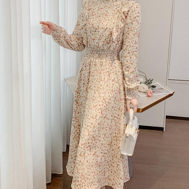 小花柄 ハイウエスト ロング ワンピース フレアワンピース ロング丈 マキシ マキシ丈 アンクル丈 長袖 パフスリーブ フレアスリーブ スタンドカラー フレア ウエストマーク ウエストゴム シャーリング かわいい 大人可愛い きれいめ カジュアル 大人 上品 おしゃれ 大人女子