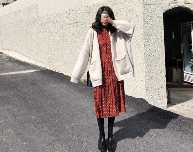 ドットワンピース ワンピース プリーツスカート シャツワンピース 膝丈