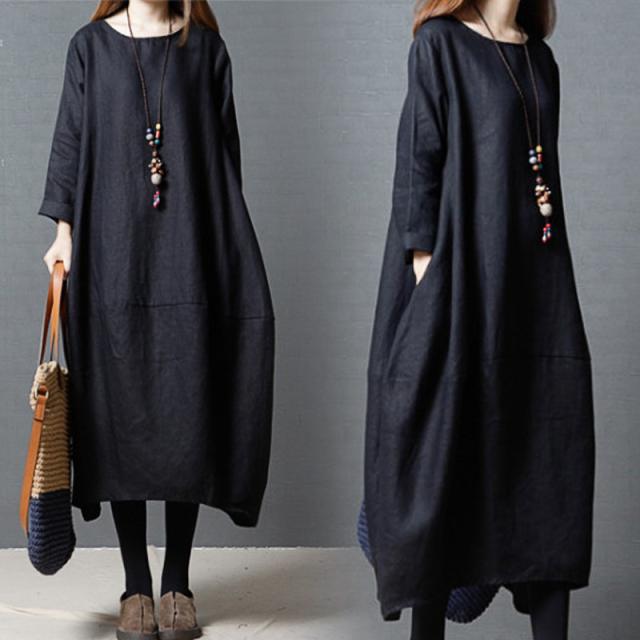 リネンワンピース マタニティワンピース 膝下 ミディアム丈 長袖 ラウンドネック ポケット リネン かわいい シンプル カジュアル 大人 アジアン こなれ感 ラフ ルーズ 無地 春 夏 秋 シーズンレス 10代 20代 30代 40代 50代 60代 レディース ママ マタニティ お出かけ
