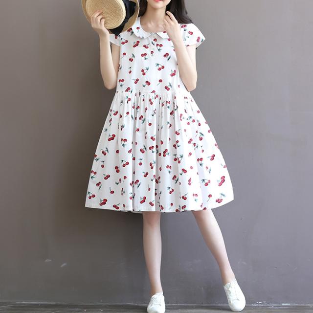 ワンピース フレアワンピース ワンピドレス 膝丈 ひざ丈 袖あり 半袖 ラウンドネック 襟付き Aライン ハイウエスト 綿 リネン かわいい シンプル おしゃれ お洒落 レトロ ラフ ラブリー キュート 個性的 存在感 柄 プリント 夏 誕生日 10代 20代 レディース 女性用 学生